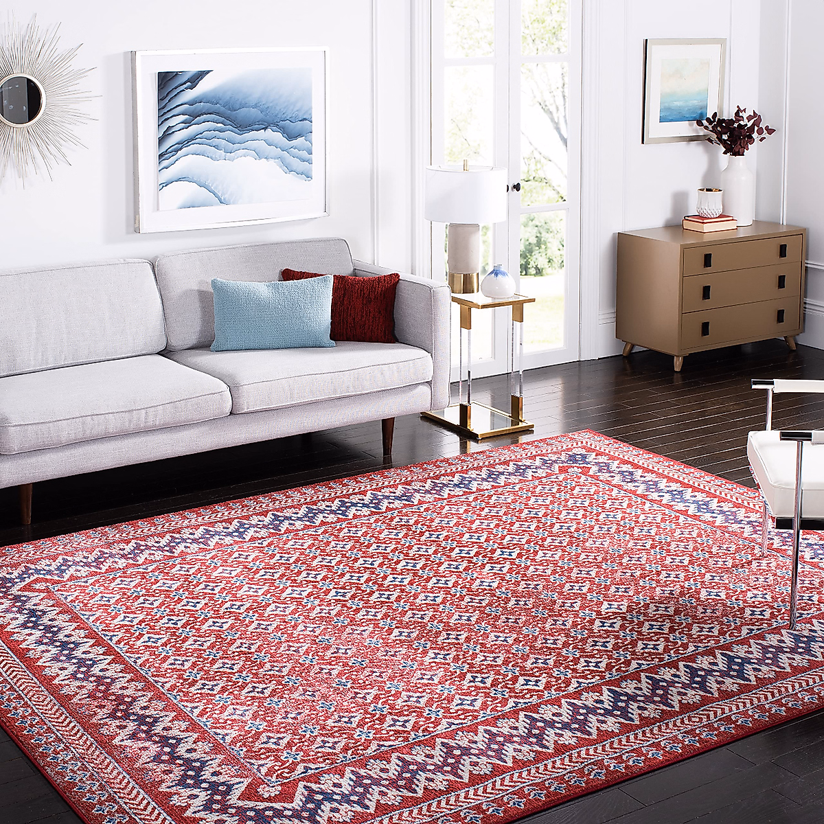 SAFAVIEH Brentwood Collection 8' x 10' Red / Ivory BNT899Q Traditional Oriental Distressed Non-Shedding Living Room Bedroom Dining Home Office Area Rug