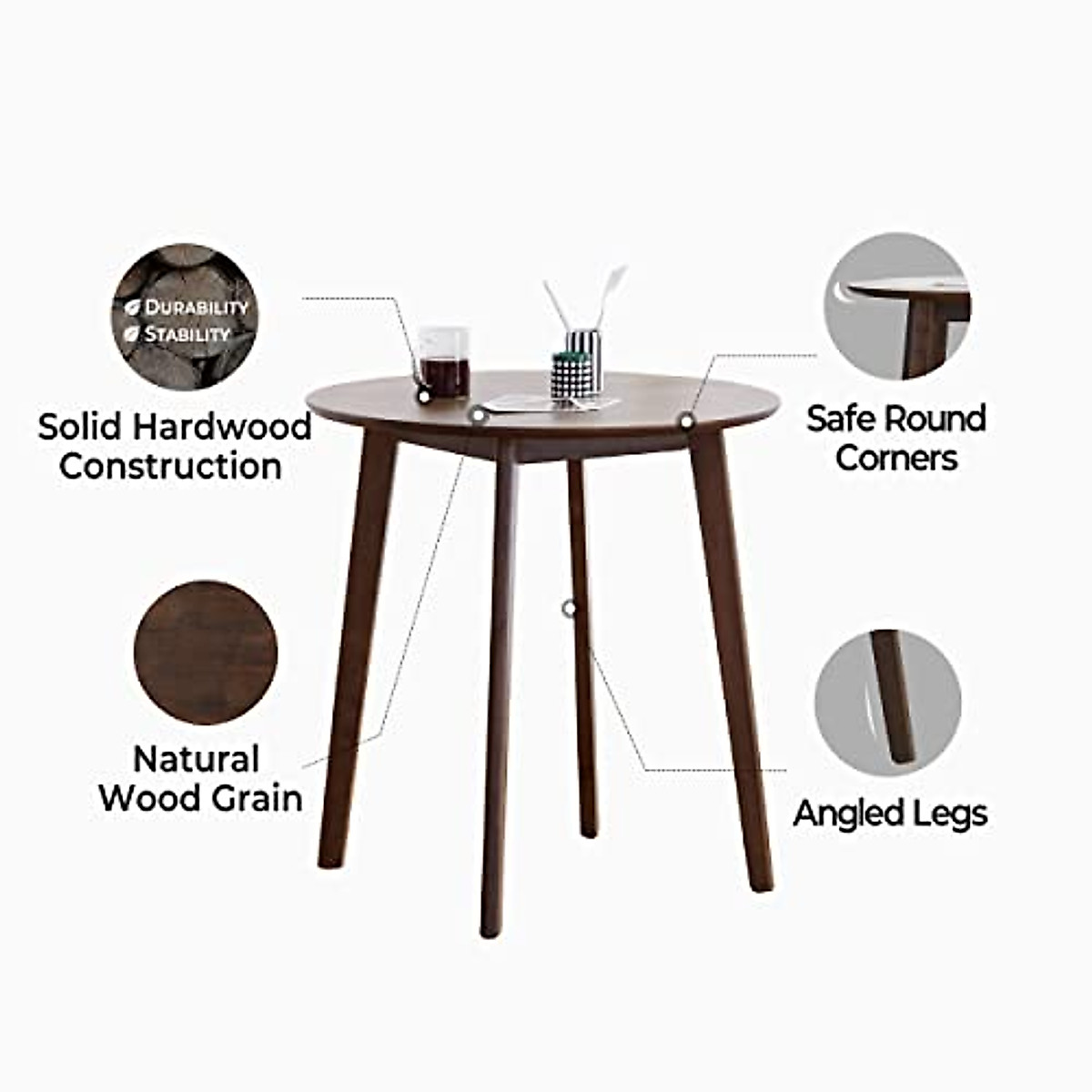 Livinia Canberra 27.6" Round Wooden Dining Table/Small Mid Century Modern Malaysian Oak Kitchen Table (Walnut)