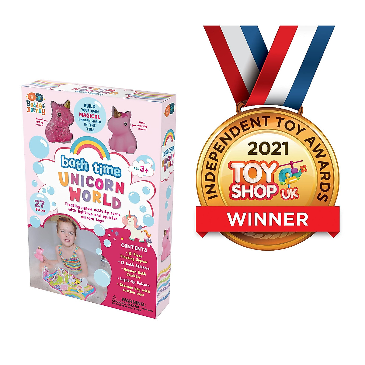 Buddy and Barney Bath Unicorn World Activity Set | Light up Floating Bath Toys for Toddlers | Set of 12 Floating Jigsaw Puzzle, 12 Foam Bath Stickers and Unicorn Water Squirter with Mesh Storage Bag