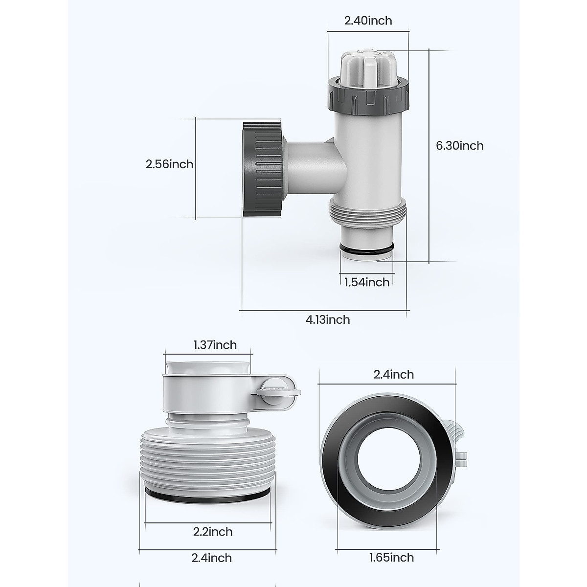 POOLHACKER Replacement Type B Hose Adapter 1.25" to 1.5" with Plunger Valve Parts for Above Ground Pool, Hose Adapter B & Shut Off Valve with Gaskets & Nuts for Above Ground Pool (2 Pack)