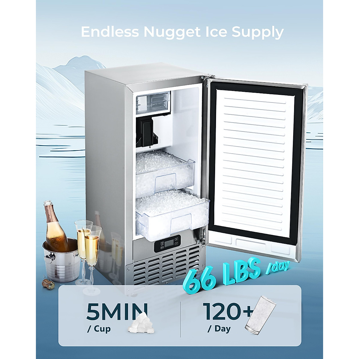 EUHOMY Commercial Under Counter Nugget Ice Maker Machine, 66Lbs/Day, Bulit-in Freestanding Ice Maker with Gravity Drainage, Self-Cleaning & 24H Timer Ice Machine, for Commercial & Home Use(Silver)