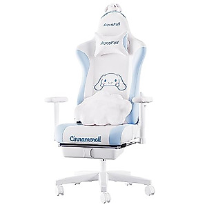 AutoFull Cinnamoroll Gaming Chair High Back Ergonomic Office Desk Computer Chair with Lumbar Support, Racing Style PU Leather Task Chair with Footrest, White & Blue