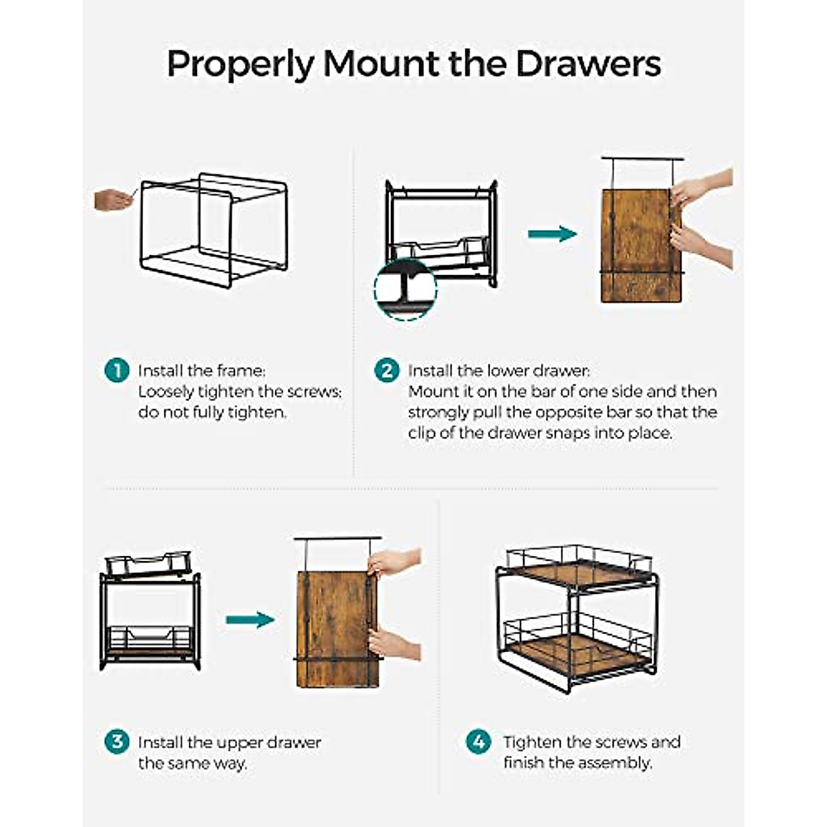 SONGMICS Spice Rack Organizer, Countertop Organizer for Bathroom Kitchen, 2 Tier Space-Saving Counter Shelf with Slide Out Basket Drawers, 14.6 x 11 x 12.6 Inches, Rustic Brown and Black