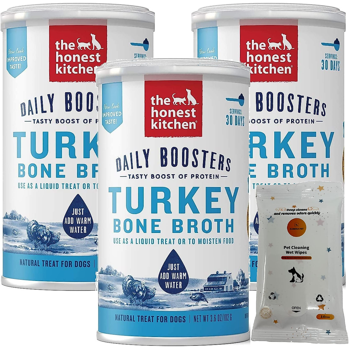 Aurora Pet Bundle Set (3) The Honest Kitchen Daily Boosters Instant Turkey Bone Broth with Turmeric Plus AuroraPet Wipes