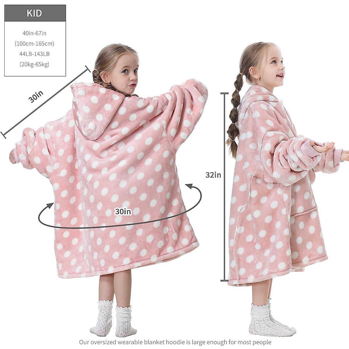 Aemicion Kids Blanket Hoodie,Oversized Wearable Blanket,Cozy Sherpa Sweatshirt Blanket,Gifts for Kids-Pink Polka Dot