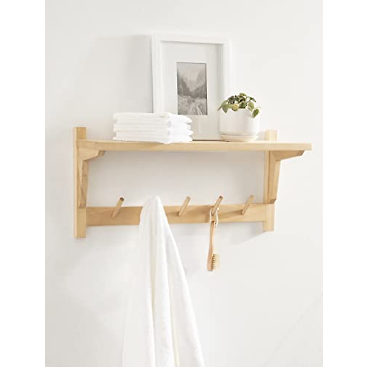 Kate and Laurel Meridien Shelf with Hooks, 24x8x12, Natural