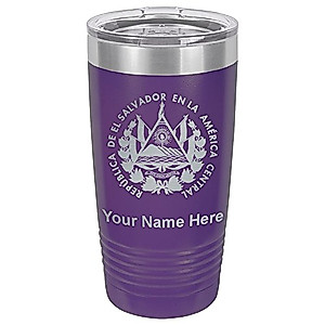 LaserGram 20oz Vacuum Insulated Tumbler Mug, Flag of El Salvador, Personalized Engraving Included (Dark Purple)