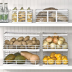 mDesign Large Stackable Metal Wire Food Baskets with Open Front for Kitchen, Pantry, Cabinet, Countertop, Bin for Fruit, Vegetable, and Snack Storage Organizer, Carson Collection, 4 Pack, Matte White