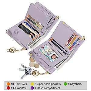 Sunwel Fashion Small Vegan Leather Wallet for Women RFID Blocking Ladies 13 Card Holder with Double Zipper Pocket (LAVENDER)