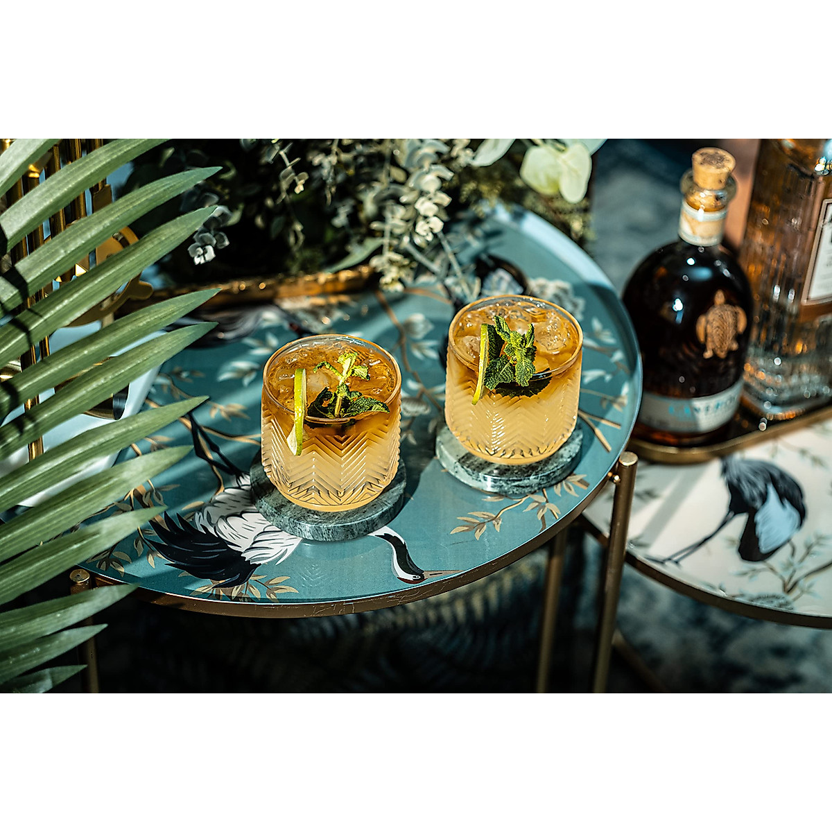 Vintage Flamingo Lowball Cocktail Glasses for Drinking Gin, Rum, Vodka, Whiskey Bar Drinks | Set of 4 | 11 oz Stackable Thick Crystal Short Tumblers | Tropical Glassware Collection