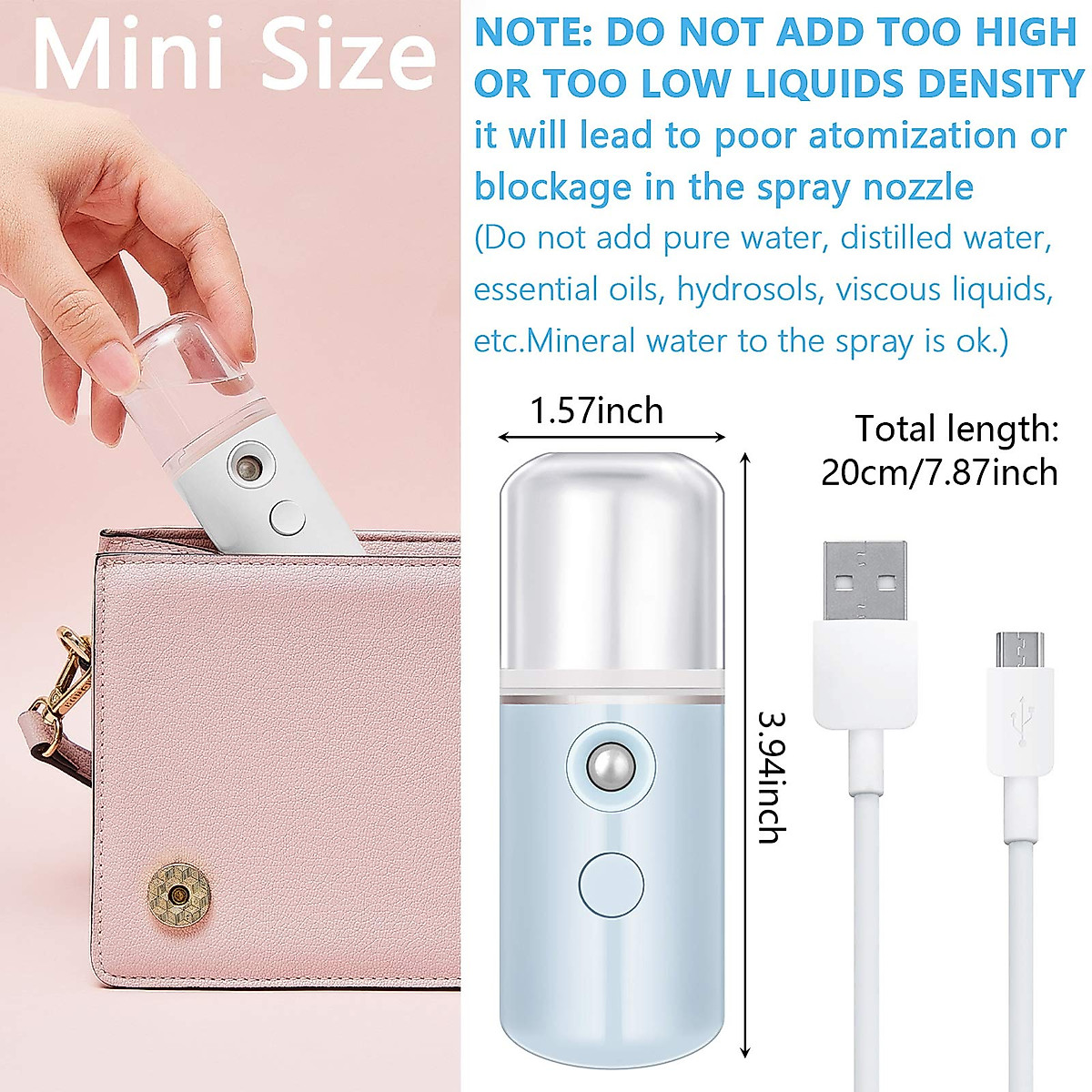 Mudder 4 Pcs Nano Facial Mister Handy Nano Mist Sprayer 30ml Visual Water Tank Portable Face Steamer Mini USB Mister for Lash Extensions, Skin Care, Makeup(White, Light Pink, Blue, Pink)
