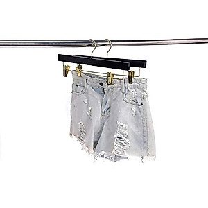 Quality Hangers Black Wooden Pants Hangers - 20-Pack Swivel Hook Cloth Hanger Set - Lotus Wood Skirt, Pant, Shorts and Slack Hangers with Adjustable Clip – Black Clothing Hanger (Gold Hook, 20)