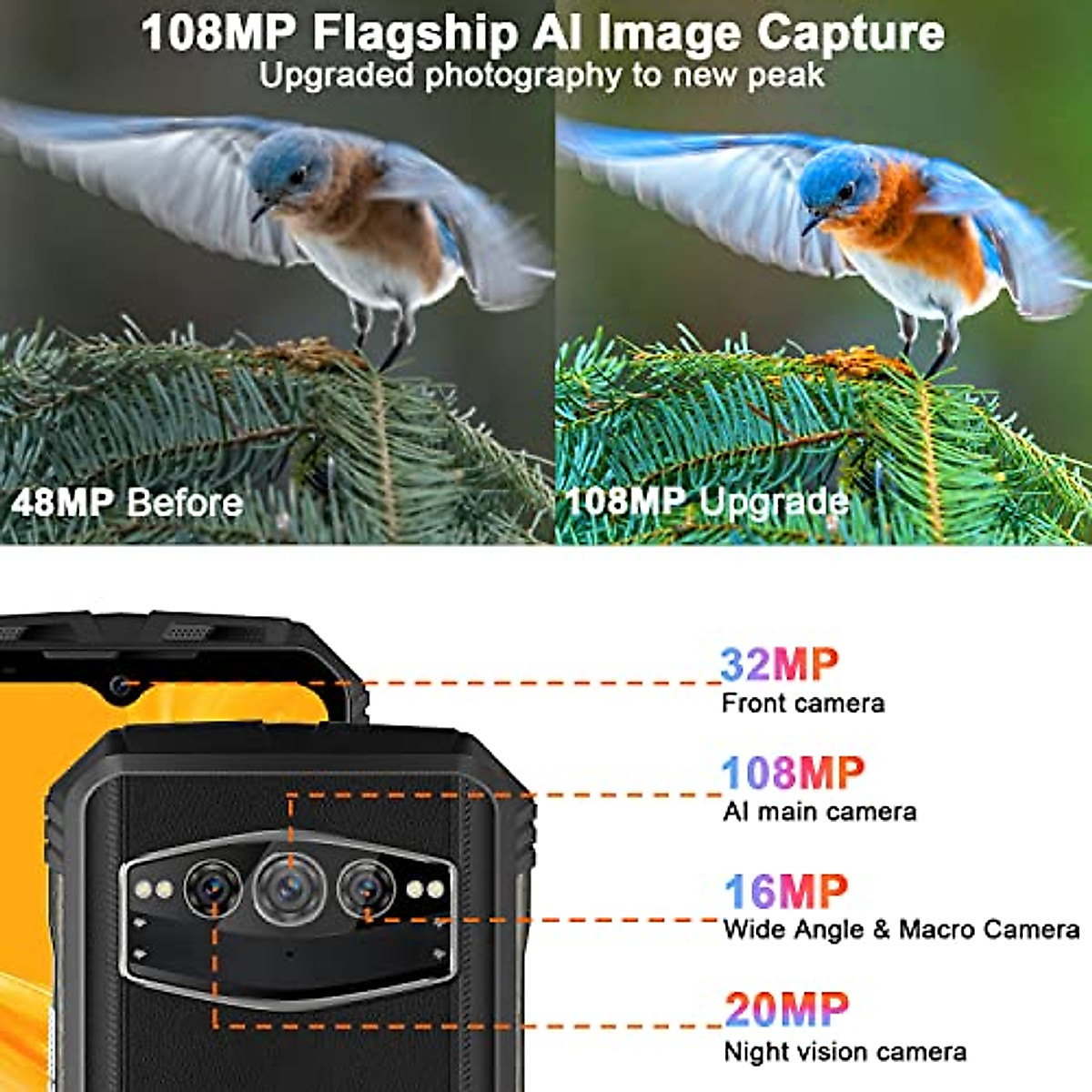 DOOGEE V30 Rugged Smartphone(2023), eSIM Dual 5G 15GB+256GB Rugged Phone Unlocked, 6.6" FHD+ /120Hz Rugged Cell Phone, Dual Hi-Res Speakers, Android 12, 108MP Triple Camera, Night Vision, NFC, OTG