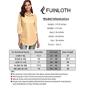 Fuinloth Women's Chambray Button Down Shirt, Long Sleeve Cotton Blouse, Long Jeans Tunic Top Light Orange Medium