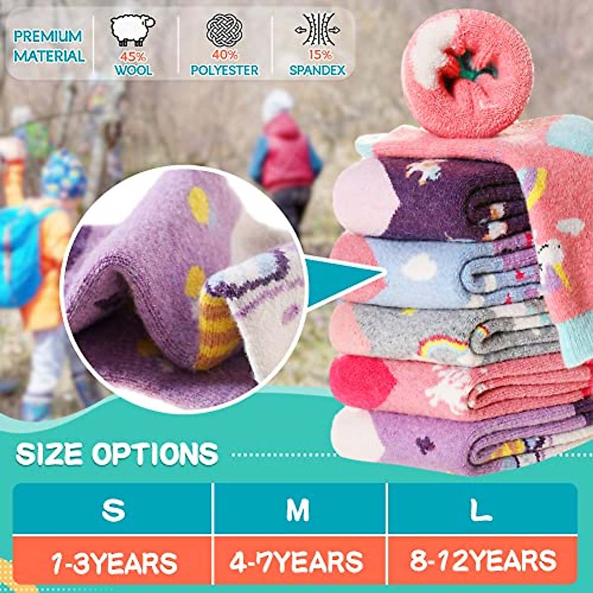 Velice Kids Merino Wool Hiking Socks Toddler Boys Girls Winter Warm Thermal Thick Cushion Crew Boot Socks 6 Pairs (Unicorn C, 1-3T)