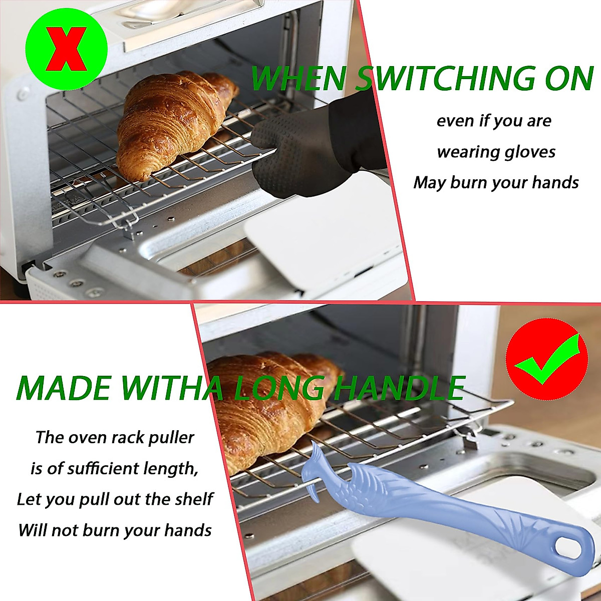 Oven Rack Push Pull Tool 2-Pack oven rack puller push pull stick tool(11 Inch), oven rack pullers with longer handle suitable for oven, toaster oven, air fryer, toaster oven (2, blue (colour))