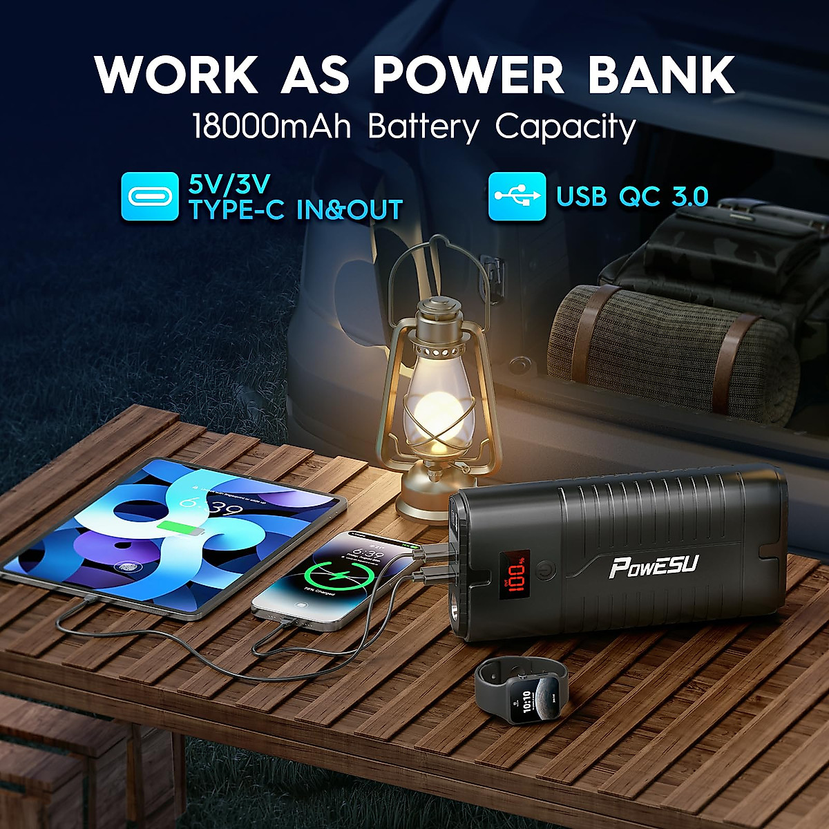 POWESU Jump Starters 2000A 18000mah (Up to 8.0L Gas or 7.5L Diesel Engine) 12V Auto Car Portable Battery Booster Jumper Cable Power Box Pack