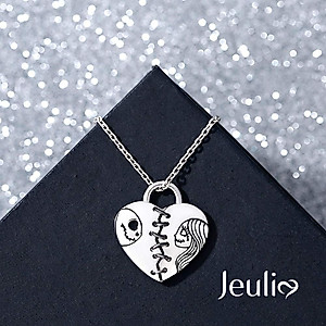 Jeulia Jack Skellington and Sally Heart Necklace 925 Sterling Silver The nightmare before Chirstmas Pendant Necklace Halloween Chrismas Romantic Jewelry Gift for Women Men Girlfriend