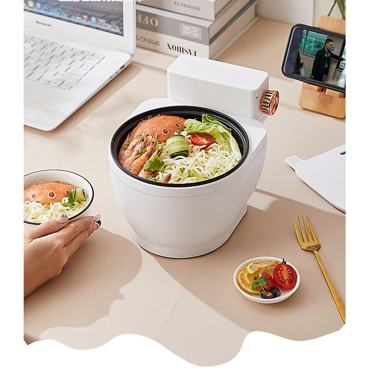 Funny Rice Cooker 6 Cup Non-Stick Multi Cooker Toilet-Shaped Electric Cooking Pot For Stir Fry, Steak, Noodles, Soup Portable Hot Pot For Dorm, Office, Travel