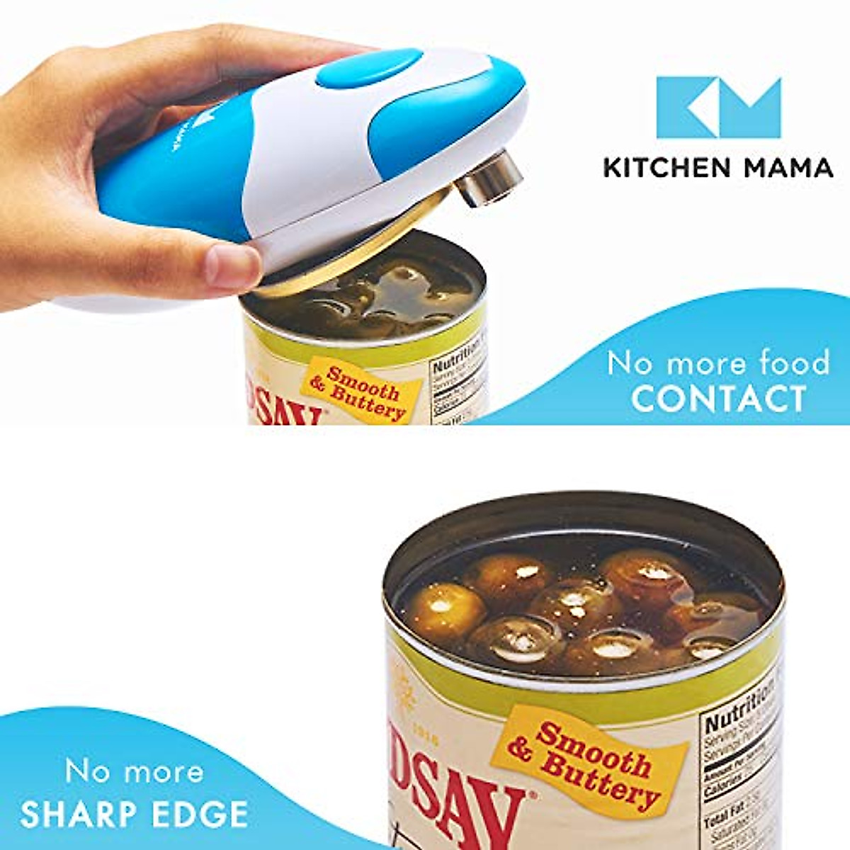 Kitchen Mama Auto Electric Can Opener: Open Your Cans with A Simple Press of Button - Automatic, Hands Free, Smooth Edge, Food-Safe, Battery Operated, YES YOU CAN (Sky Blue)
