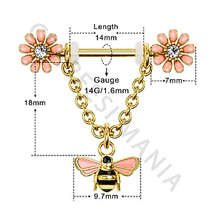 CM Crareesi Mania Chain Nipple Rings for Women Dainty Bee Nipple Shield Rings 316L Stainless Steel Nipple Piercing Barbells 14G Dangle Nipple Rings