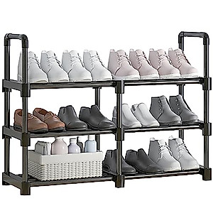 RightTech 3-Tier Shoe Rack, 90CM Long Adjustable & Stackable Metal Shoe Shelf Storage Organizer, Heavy Duty Metal Free Standing Shoe Rack for Entryway Closet Doorway, Black