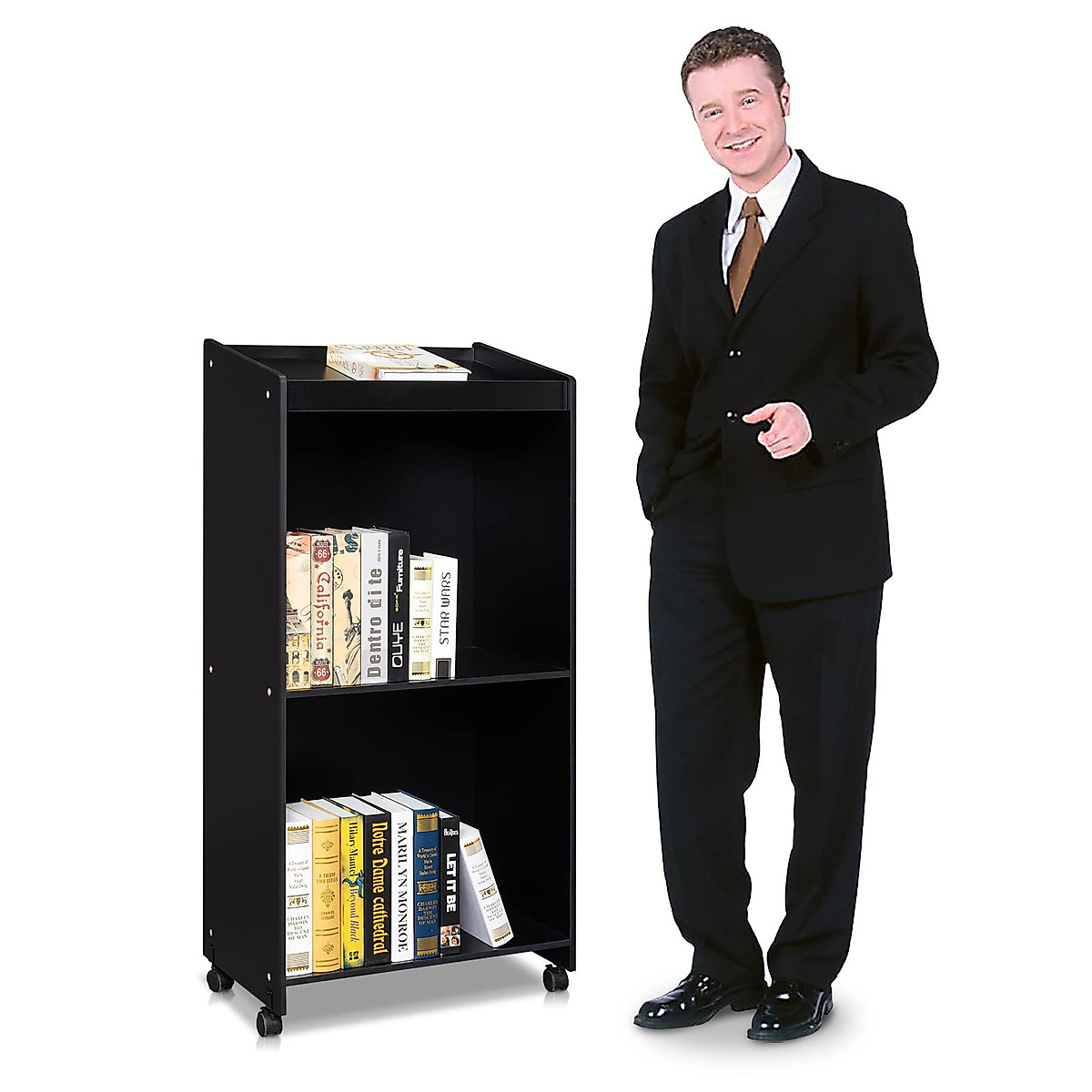 VINGLI 46.5”H Portable Podium Stand Mobile Lectern Podium with Storage Compartments, Pulpits for Churches, Reception Desk Checkout Stand for Meeting Room, Auditorium, Classroom and Reception, Black