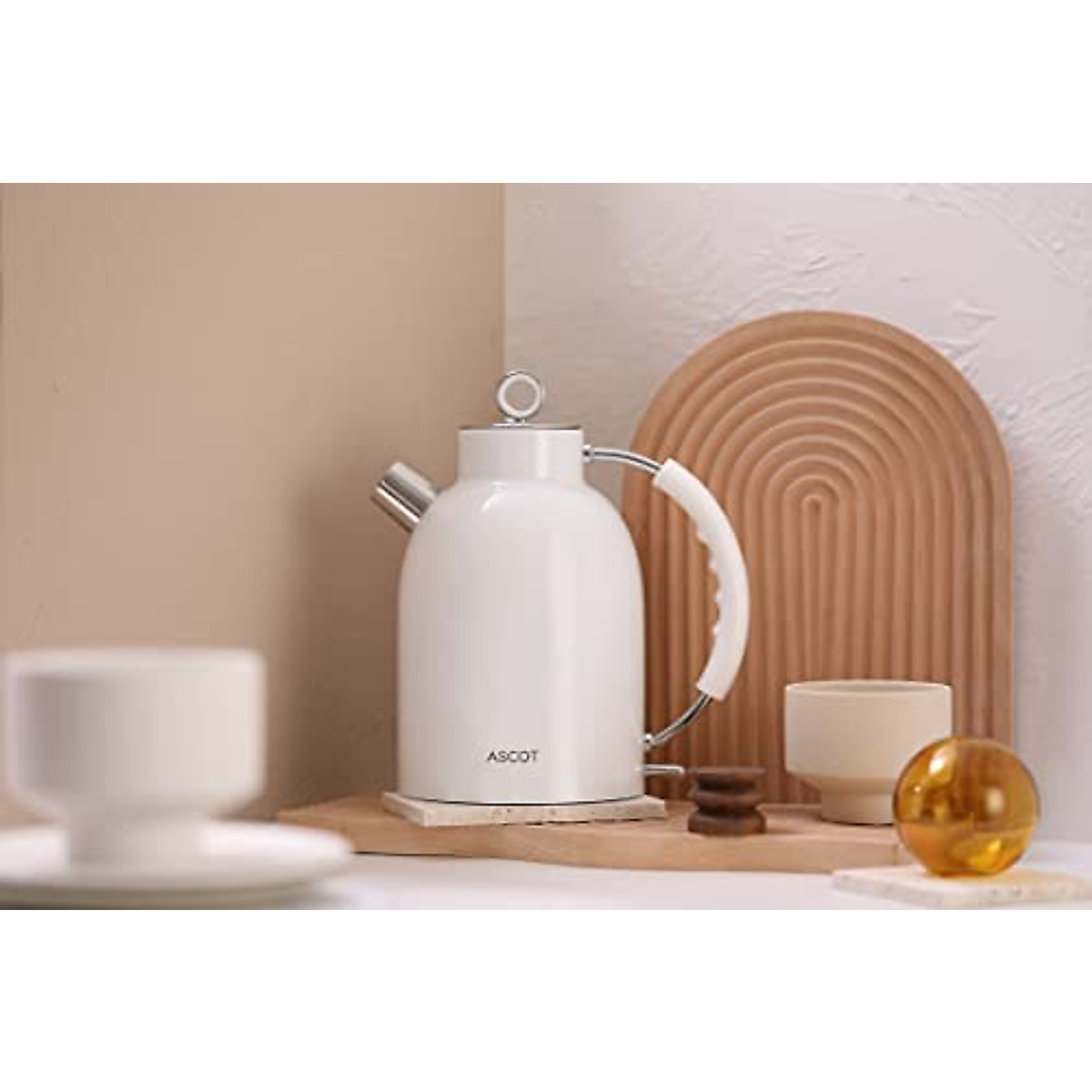Electric Kettle, ASCOT Stainless Steel Electric Tea Kettle, 1.7QT, 1500W, BPA-Free, Cordless, Automatic Shut-off, Fast Boiling Water Heater - White