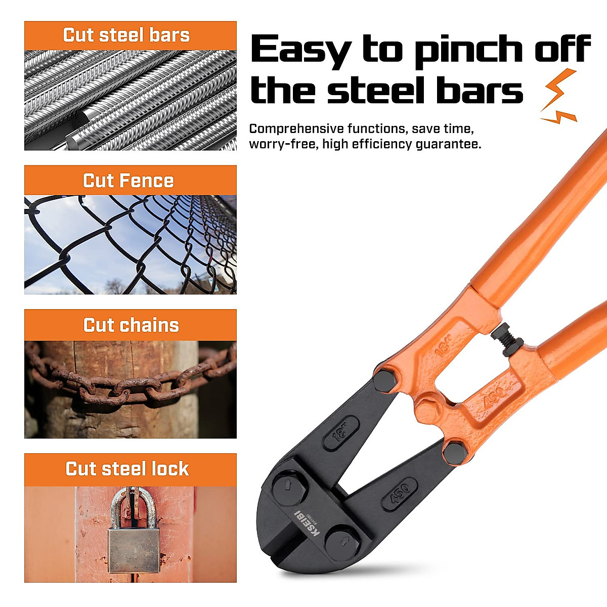 KSEIBI 141585 Heavy-Duty Medium Size Bolt Cutter 24" for Cutting Fence, Steel Wire, Chain, Screws, Rivet, and Medium Padlock, with Soft Grip Rubber Ergonomic Handle Cutters