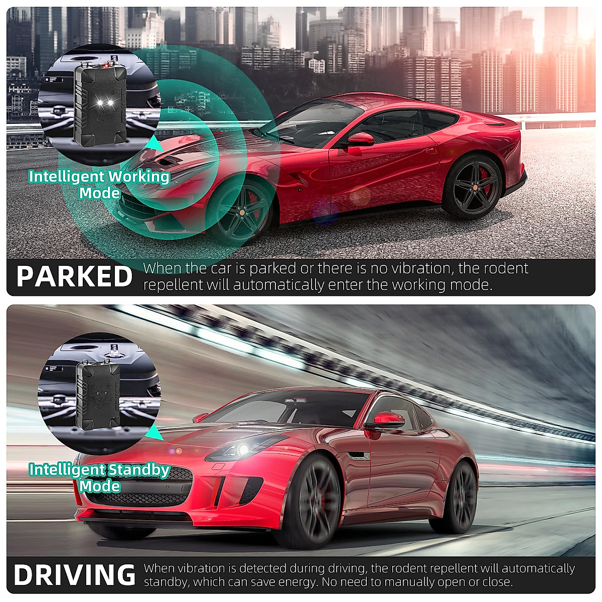 2 Pcs Under Hood Rodent Repeller with Strobe Light & 3 Power Supply Methods, Professional Ultrasonic Mouse Repellent Rat Squirrel Deterrent for 12V Cars Trucks RV Engine Bay Warehouse Attic