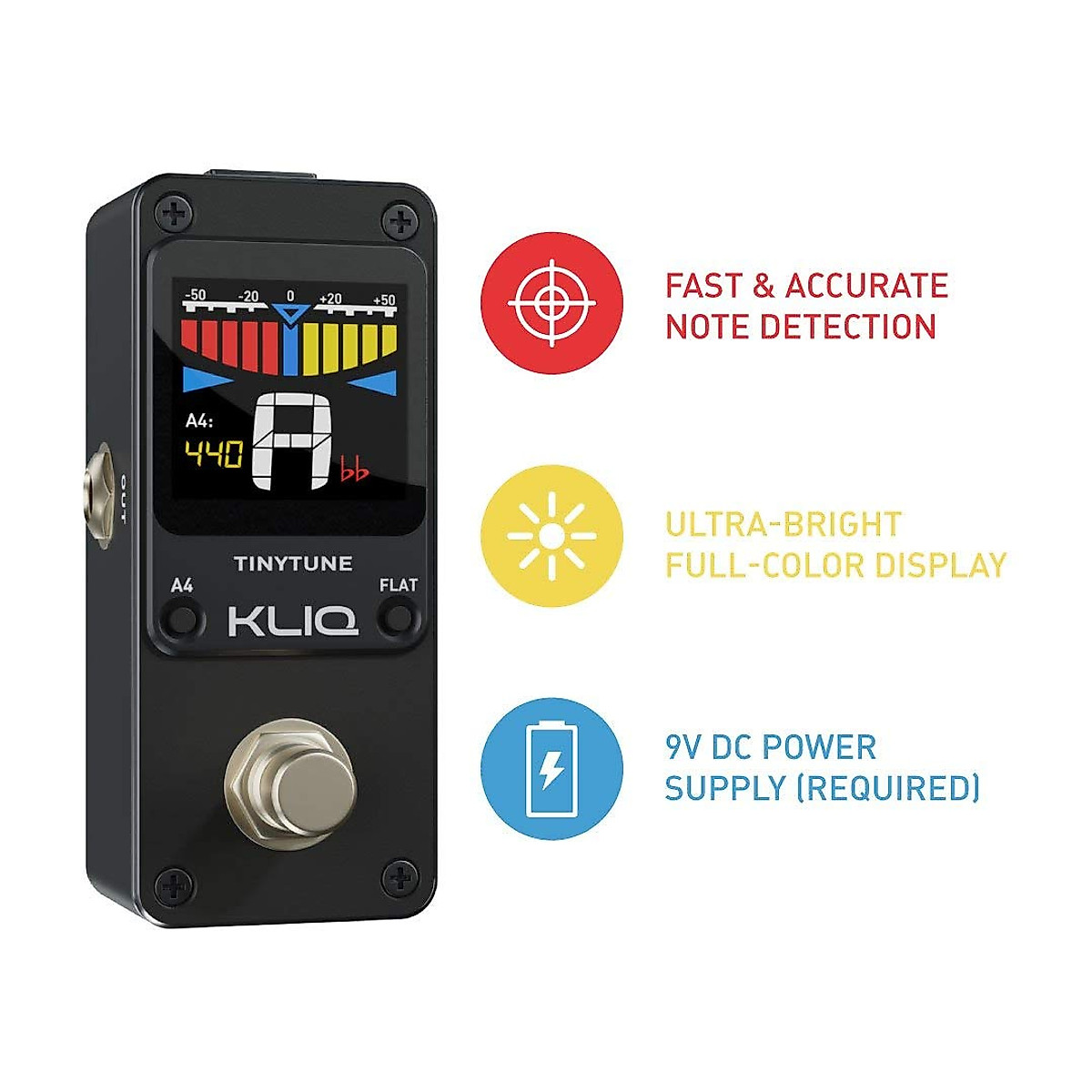 KLIQ TinyTune Tuner Pedal for Guitar and Bass and KLIQ Forte Wall-mount Instrument Hanger (Black) Bundle