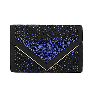 CHARMING TAILOR Envelope Purse Formal Faux Suede Clutch Rhinestone Evening Bag for Women Party Handbag (Black/blue)