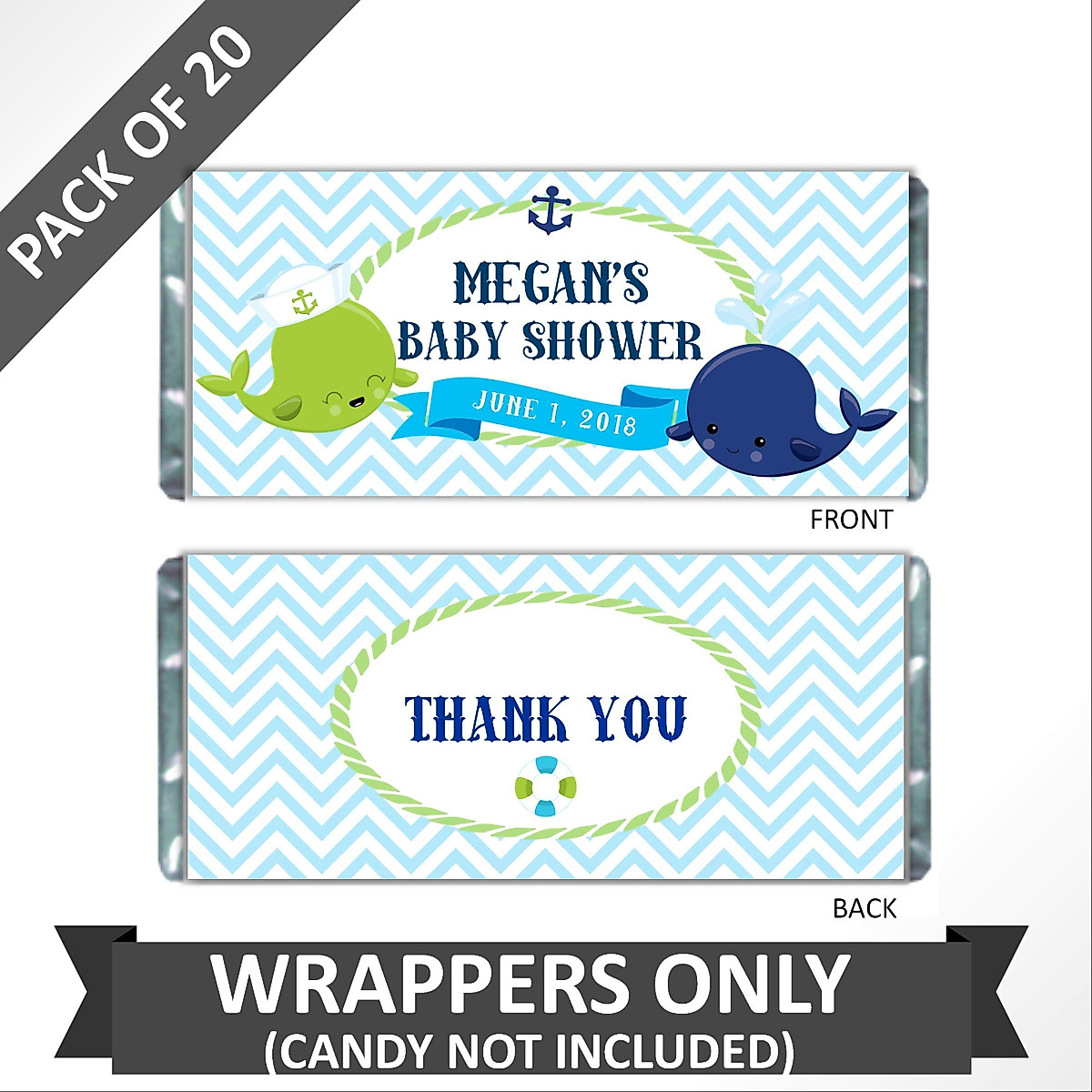 Personalized Candy Wrappers, Whale Baby Shower Favors, Pack of 20 Custom Chocolate Bar Labels