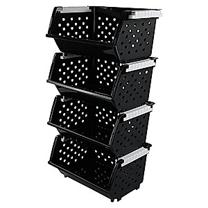 Wekioger 4 Pack Plastic Stackable Storage Baskets, Large Stacking Bins for Organizer, Black