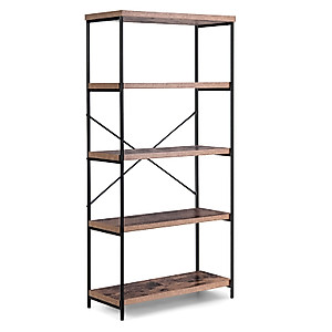 Giantex Industrial 5-Tier Wood Bookshelf - 63’’ Tall Open Storage Organizer Shelves with Anti-Tipping Device and Foot Pads, Steel Frame Bookcase Display Rack for Living Room, Bedroom, Office, Brown