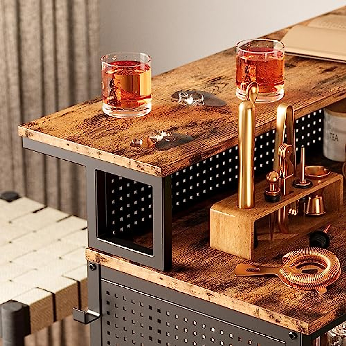 IRONCK Bar Cabinet with LED Lights and Charging Station, Home Bar Unit 4 Tiers with Wine Racks, Glass Holders, Industrial Storage Buffet Cabinet for Kitchen, Dining Room, Living Room