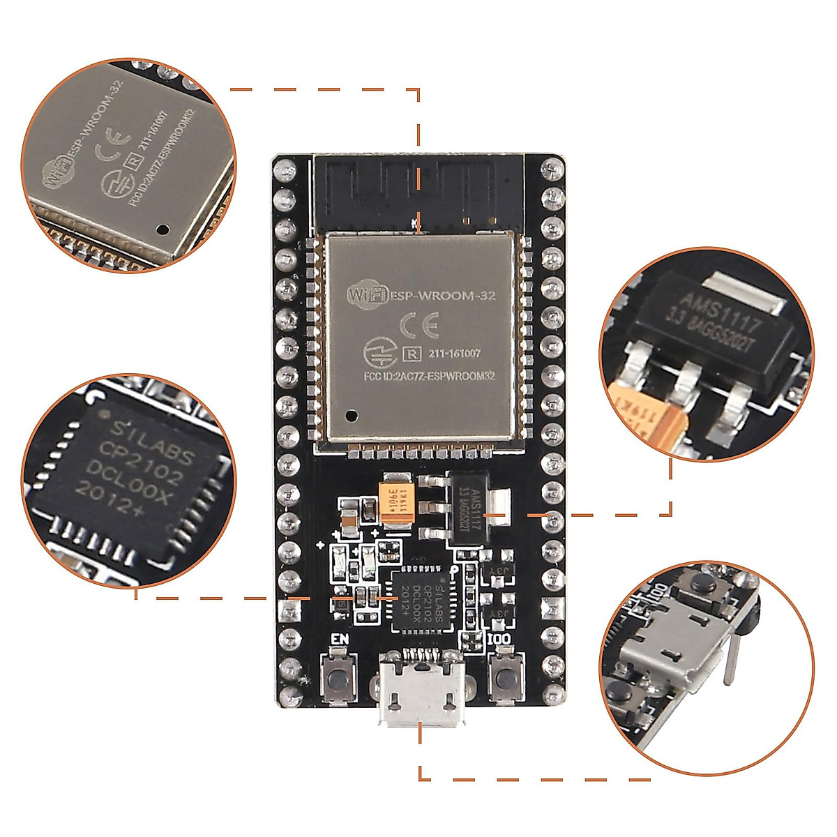 Aokin ESP32 ESP-32S NodeMCU-32S ESP-WROOM-32 Development Board 2.4 GHz WiFi and Bluetooth Dual Cores Microcontroller ESP-WROOM-32 Chip for Arduino NodeMCU, 2 Pcs