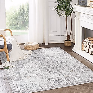 COLLACT Area Rug 5x7 Vintage Rug Indoor Floor Thin Rug Retro Distressed Grey Multi Carpet Farmhouse Floral Print Mat Country Boho Rug Non Slip Bathroom Kitchen Bedroom Living Room Office