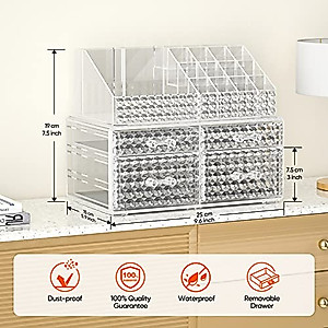 Awenia Makeup Organizer with Drawers[Upgraded]-Acrylic Make up Organizers and Storage Case for Cosmetics,Perfume,Jewelry Display, Vanity and Bathroom Accessories (Clear-4 Drawers)