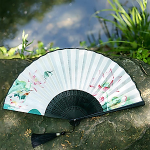 RAN Imitated Silk Fabric Folding Fan with Lotus Print, Elegant Woman Bamboo Folding Pocket Purse Hand Fan with Tassel (Color : Multi-Colored, Size : 9.1")