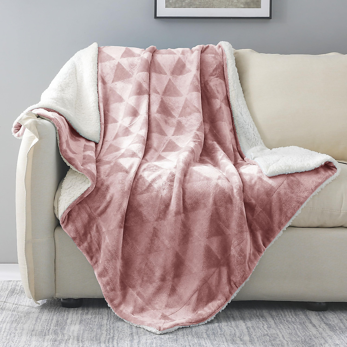 Exclusivo Mezcla 50" x 70" Large Throw Blanket, Reversible Brushed Flannel Fleece& Plush Sherpa Blanket (Dusty Pink) Decorative, Lightweight, Soft and Warm