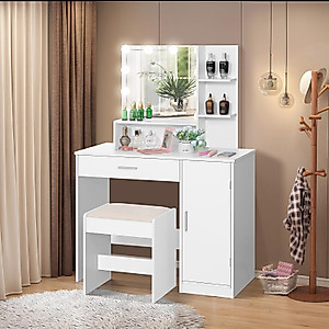 usikey Makeup Vanity Desk for Valentine's Day, Vanity Desk Set with 1 Drawer, 1 Cabinet & 3 Shelves, Makeup Vanity Table with Stool for Bedroom, 3 Lighting Modes & Brightness Adjustable, White