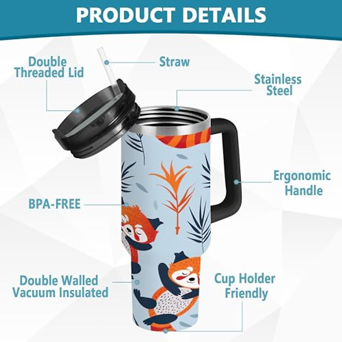 FRCSDIY Cartoon Panda Insulated Tumbler with Handle and Straw Lid,40oz Leakproof Stainless Steel Cup BPA-Free Water Bottle