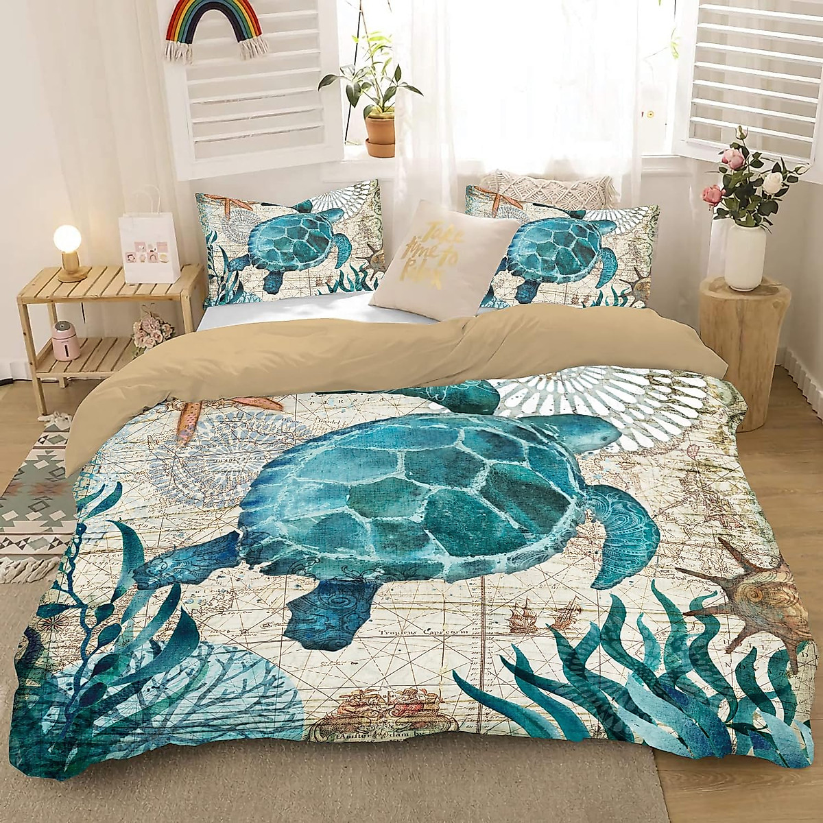 MUSOLEI Ocean Comforter Set Turtle Comforter Set, Sea Turtle Bedding Collections Soft for Teen Boys Turquoise Ocean Themed Mediterranean Style Printed Design Quilt Set Queen Size Comforter（Queen）