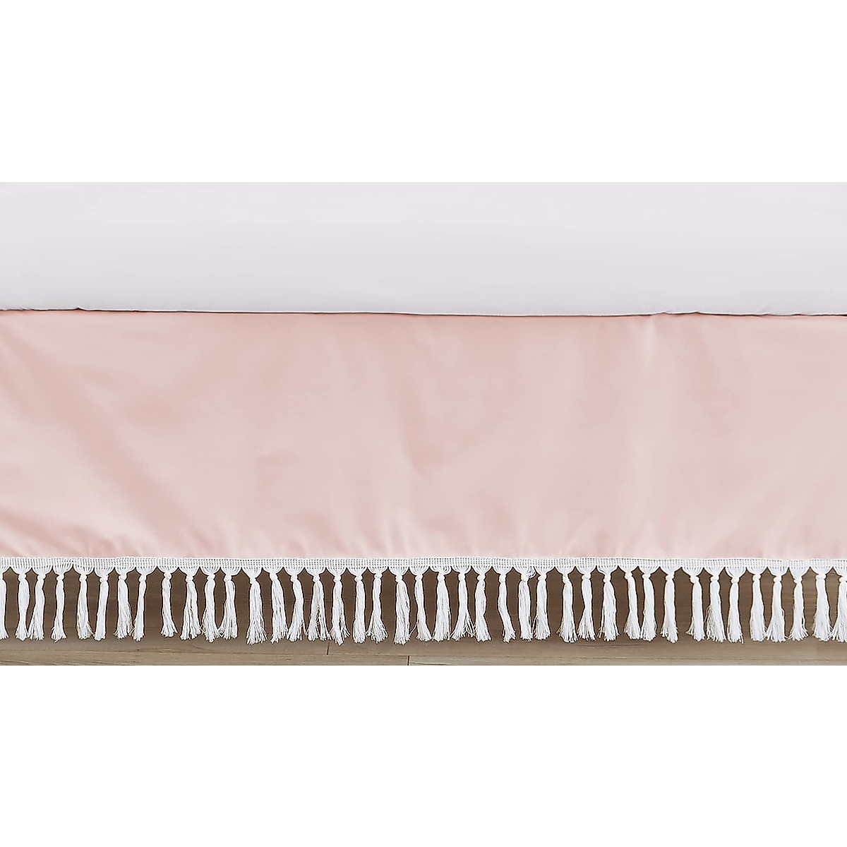 Sweet Jojo Designs Pink Boho Bohemian Girl Baby Crib Bed Skirt Nursery Dust Ruffle - Solid Color Blush Pink and White Farmhouse Chic Minimalist Tassel Fringe Macrame Textured