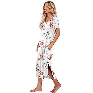 PrinStory Womens Long Nightgowns V Neck Loungewear Short Sleeve Sleepwear Casual Nightdress FP White-X-Large