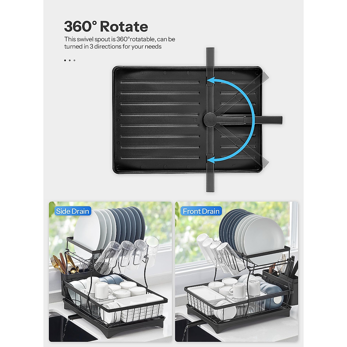 Reemix Dish Drying Rack, 2 Tier Dish Drainer with Removable Utensil Holder and Swivel, Durable High Carbon Steel Material, Larger Capacity, Easy Installation, Black