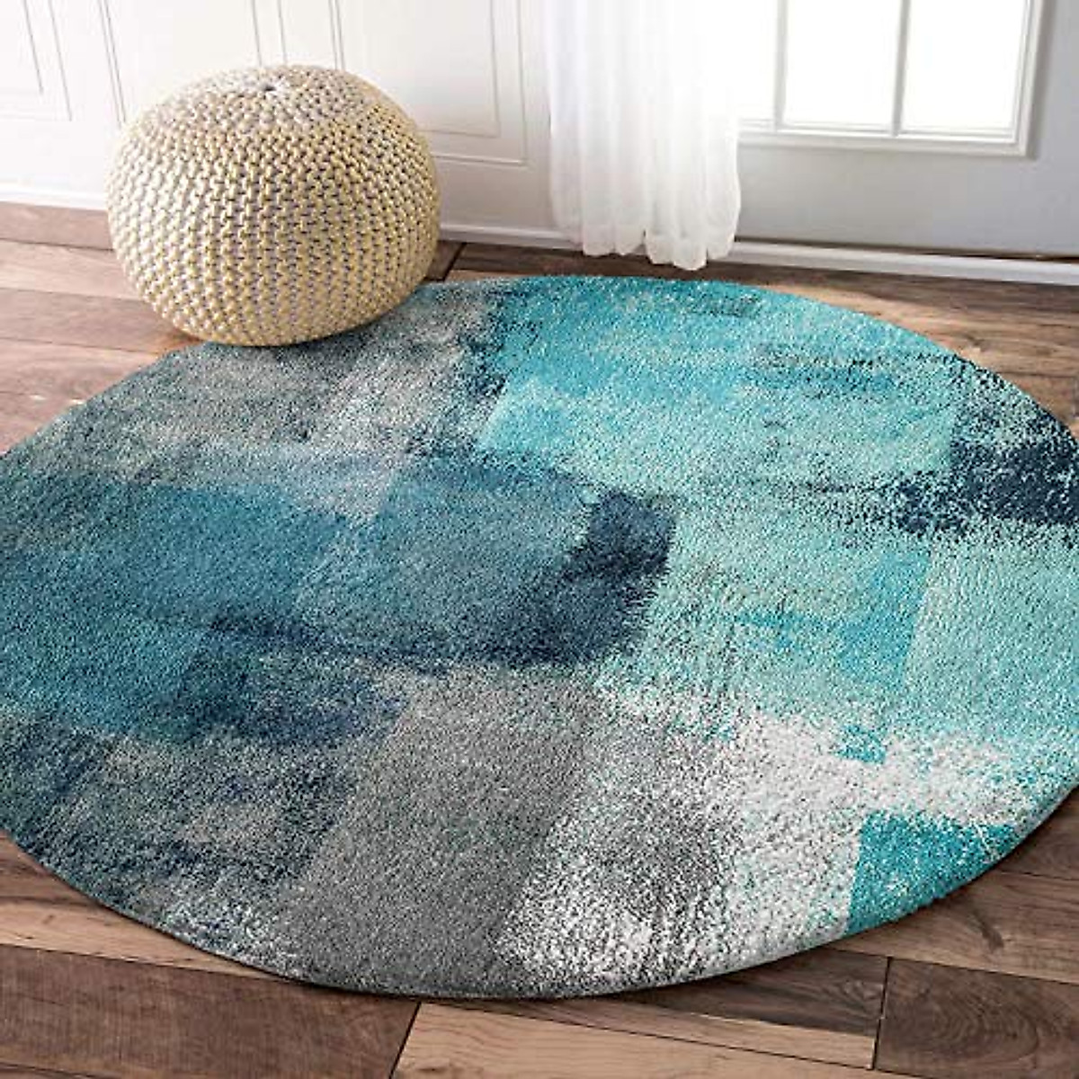 Graffiti Area Rug Turquoise and Grey Abstract Paint Round Rug Fluffy Floor Carpet Soft Rug Modern Art Non-Slip Throw Rug 3' Diameter for Living Room, Bedroom, Apartment, Sofa