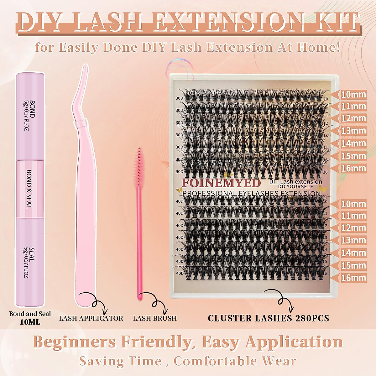 DIY Lash Extension Kit 280Pcs 30D 40D Individual Lashes Clusters With Lash Bond and Seal and Lash Applicator 10-16mm Mix D Curl volume Lashes Wispy DIY EyeLash Extension Kit At Home, By FOINEMYED