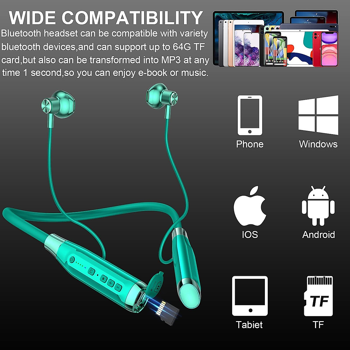 Bluetooth Headphones Neckband with 100 Hours Playtime Support 64G TF Card Wireless Neck Headphones Built-in Noise Cancelling Mic Earbud Neckband IPX5 Waterproof Two Ways in-Ear Earphones (Green)